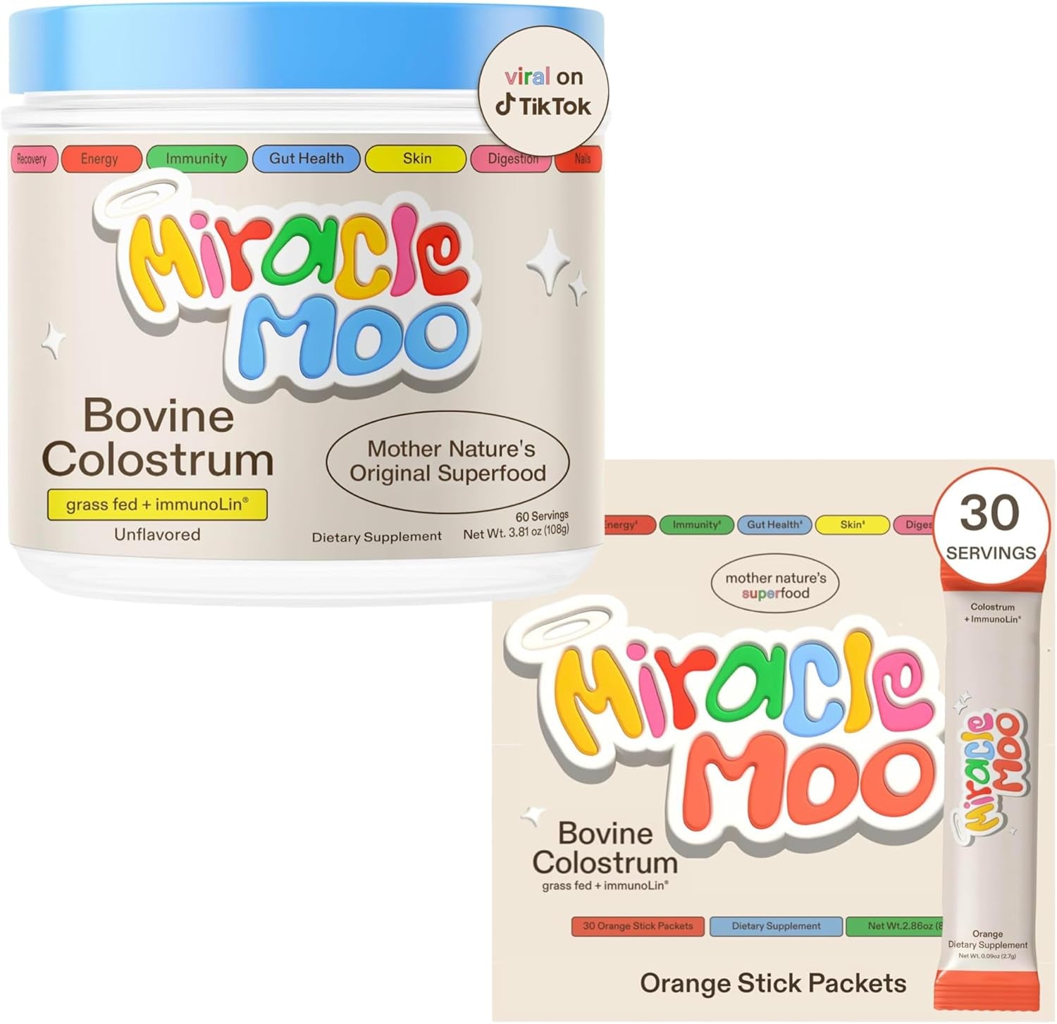 Colostrum Unflavored 60 Serving + Colostrum Orange Stick Packets 30 Se ...