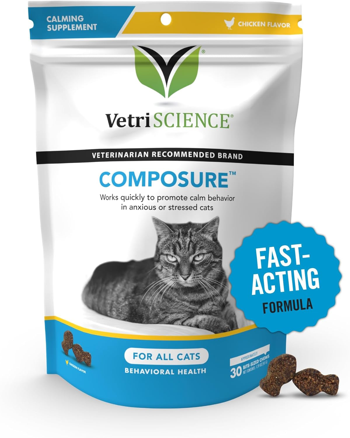 Vetriscience Composure, Calming Formula for Cats, 30 Bite-Sized Chews ...