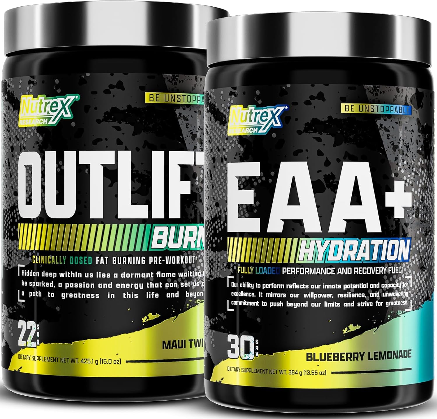 Nutrex Research EAA Hydration Blueberry Lemonade and Outlift Burn Maui ...