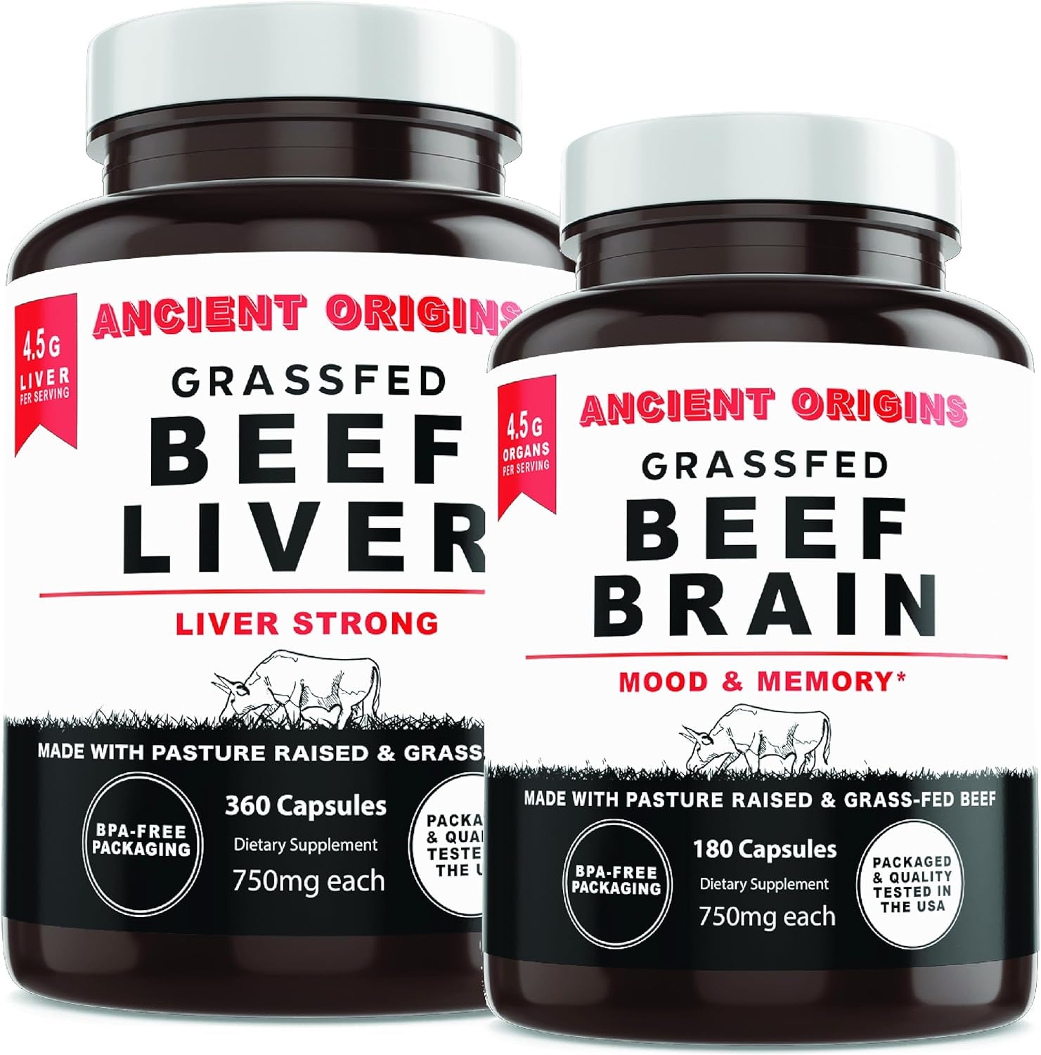 Grass Fed Beef Liver and Beef Brain Capsules, 360 Capsules Liver and 1 ...