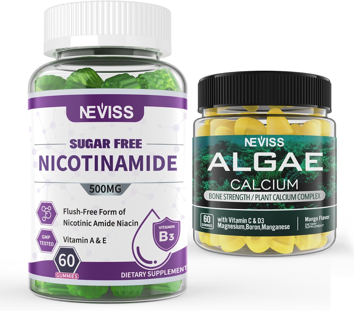 NEVISS Nicotinamide 500Mg Gummies + Marine Algae Calcium Gummies Bundl ...